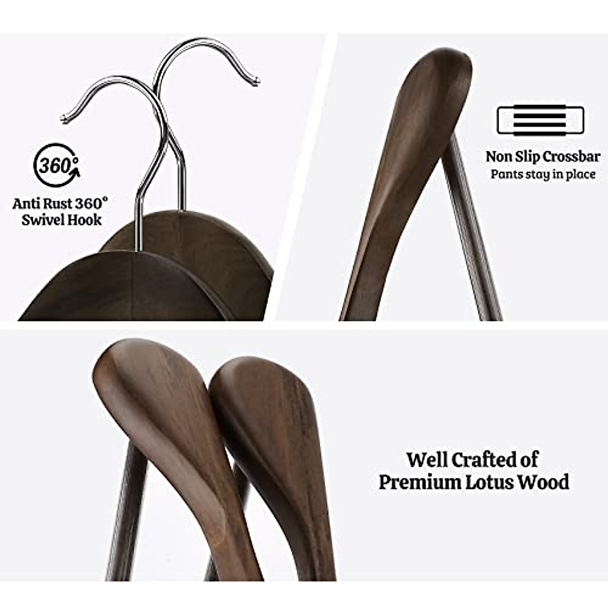 HOUÍSM 8Pack Wooden Coat Hangers Extra Wide Shoulder Wooden Suit Hangers with Non Slip Pants Bar, High-Grade Selected Lotus Wood Hangers for Business Outfit, Formal Dress, Heavy Jackets