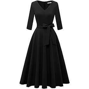 Black Vintage Cocktail Long Sleeve Prom Dress Midi Wedding Guest Formal Mother of Bride Dress Black XL