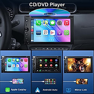 Double Din Car Stereo with CD/DVD Player, 7-inch Touch Screen Car Stereo with Apple CarPlay&Android Auto, Bluetooth5.2, Backup Camera, Mirror Link, Subwoofer, SWC, Subwoofer, AM/FM Car Radio Receiver