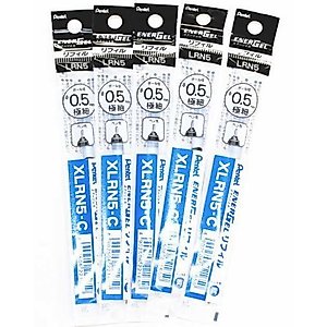 Pentel Energel Liquid Gel Pens Refills-0.5mm- Fine Line, Blue Ink-value set of 5