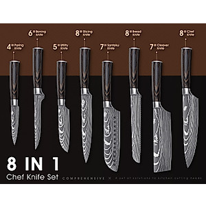 DRAGON ROIT Japanese Knives Set Damascus Pattern Chef Knife Set for Kitchen with Roll Bag, Sharp 14Pcs Stainless Kitchen Knife Set Brown Handle