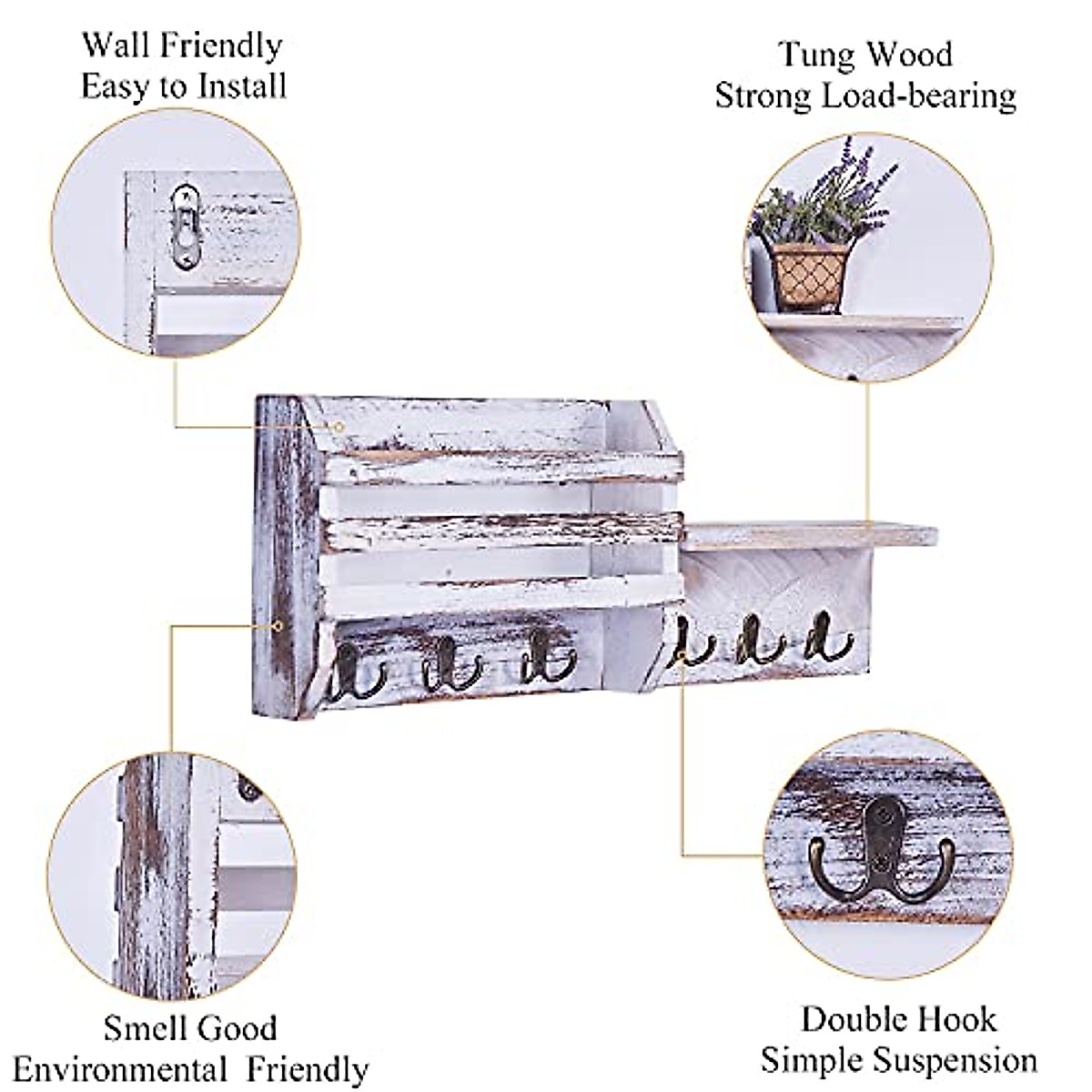 ZSHY.T.SUN Key Holder for Wall - 22.8" x 8.6" x 3.7"Wall Mounted Mail Organizer Wooden Decorative for Coats,Keys with 6 Double Key Hooks for Entryway, Hallway, Kitchen, Living Room,(Light Brown)