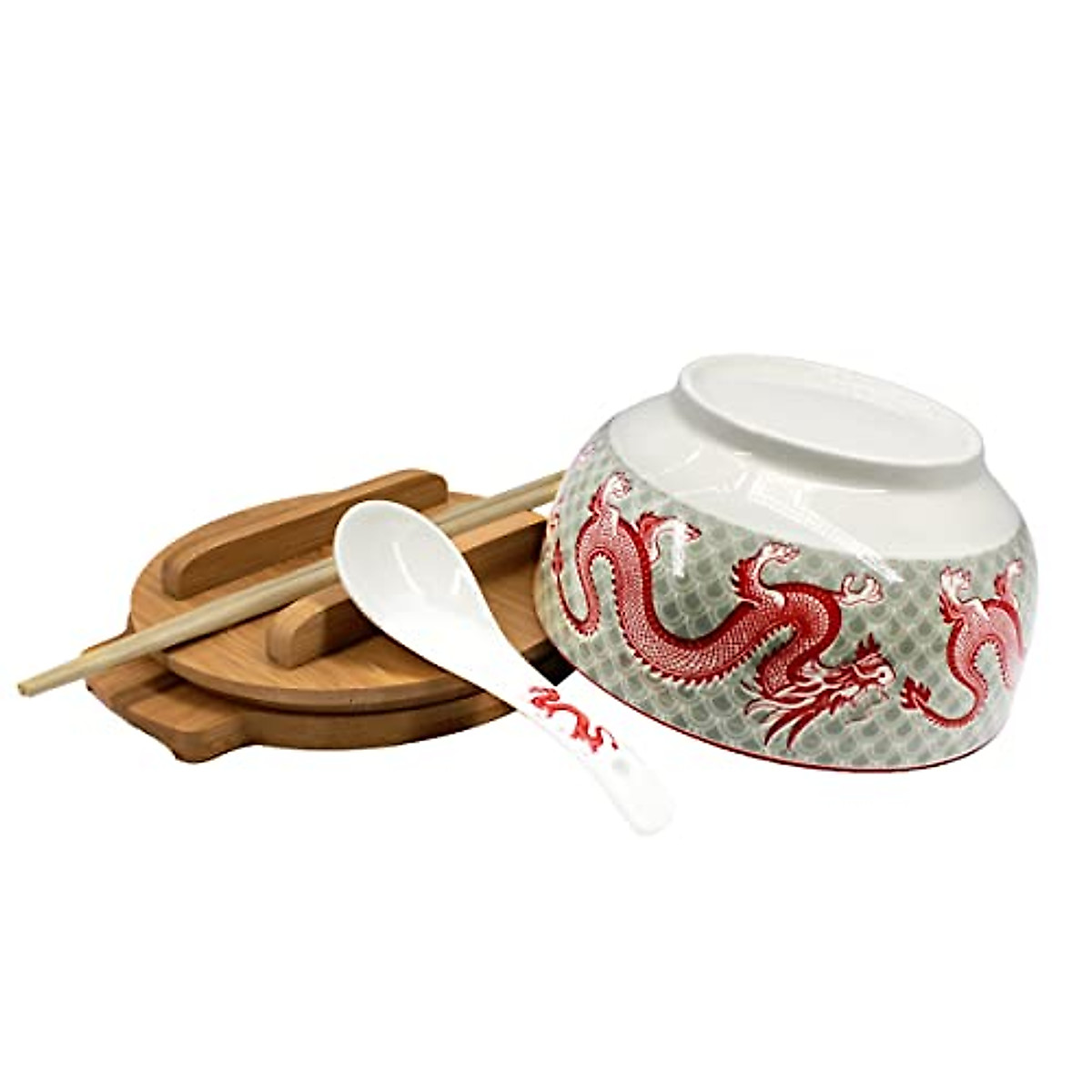 XWORLD Japanese Ceramic Ramen Noodle Bowls Set with Ceramic Spoon, Bamboo Chopsticks, Lid & Trivet, Serving Capacity of 33.8 OZ, Microwavable Oven Safety (3.3” x 6.6” D) (Red Dragon)