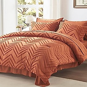 Anluoer Queen Comforter Set, Burnt Orange Tufted Bed in a Bag 7 Pieces with comforters and Sheets, All Season Bedding Sets with 1 Comforter, 2 PillowShams, 2 Pillowcases, 1 Flat Sheet, 1 Fitted Sheet