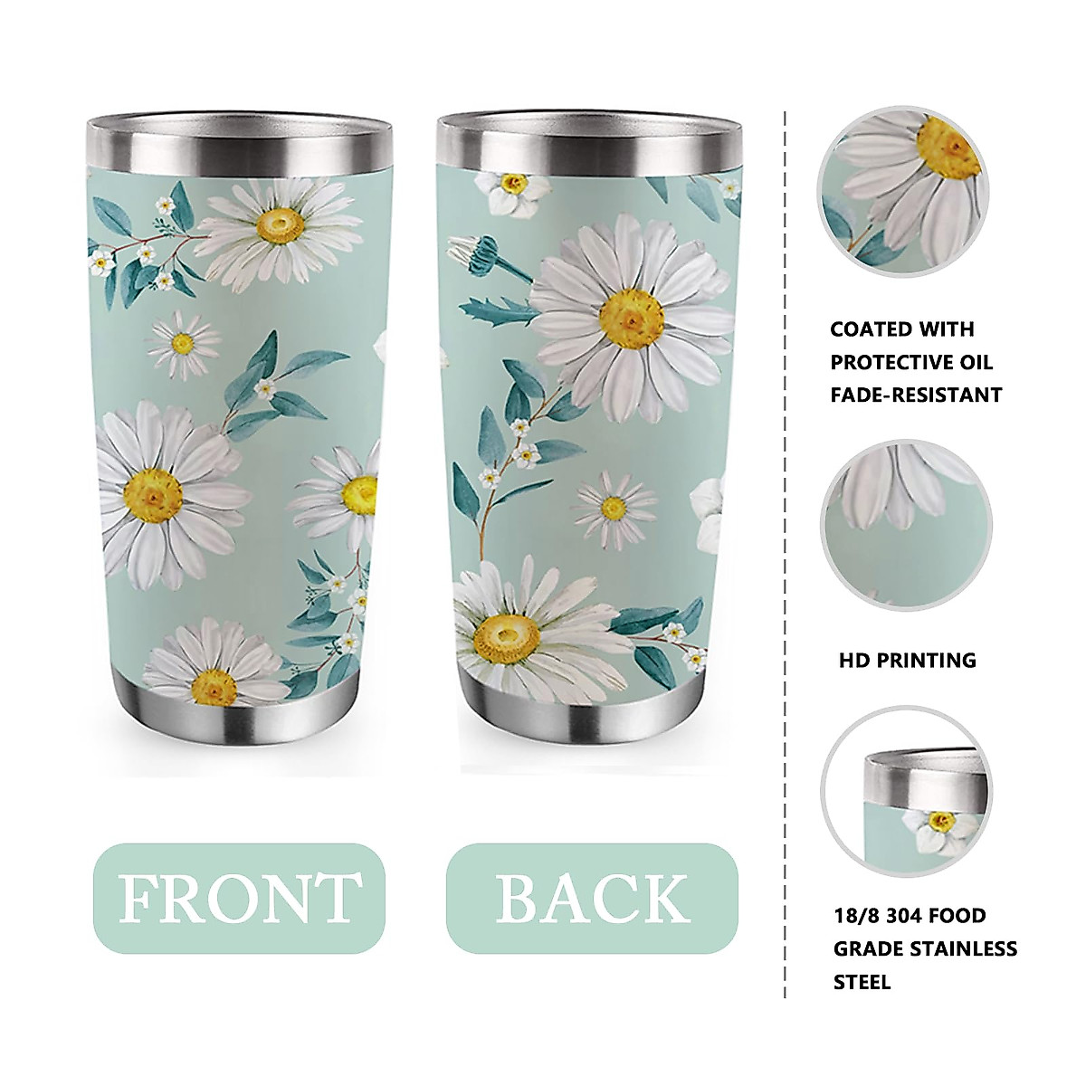 Zzkol Daisy Flowers Tumbler with Lid and Straw, Floral Stainless Steel Travel Coffee Cup, Birthday Mug Gifts for Women Daisy Lovers, 20oz Double Wall Vacuum Insulated Tumbler