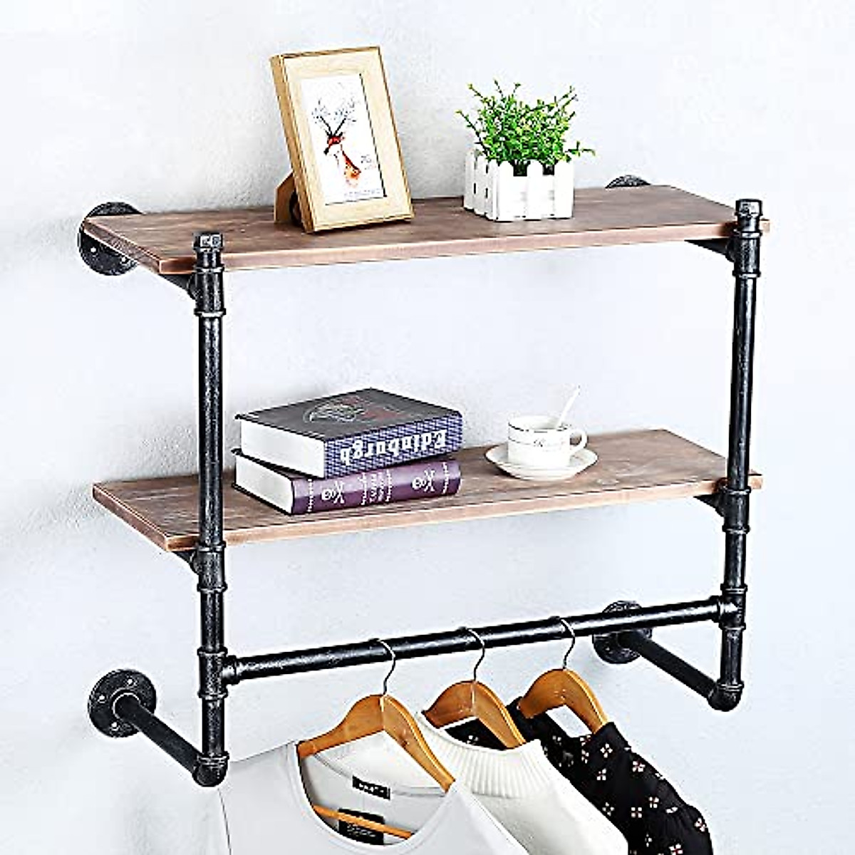 SULIANG Industrial Pipe Clothing Rack Wall Mounted Clothes Rack,Pipe Clothing Rack with Shelf Clothes Rack with Shelves,Retail Shelving Garment Rack