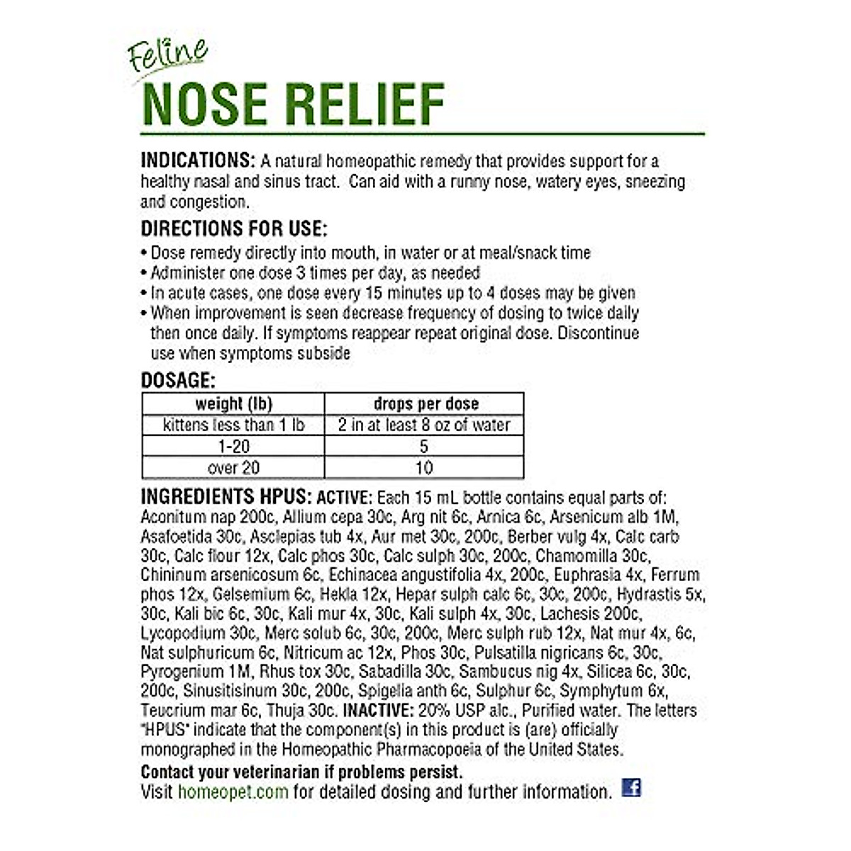 HomeoPet Feline Nose Relief Natural Pet Medicine, Nasal and Sinus-Tract Support for Cats of All Ages, 15 Milliliters