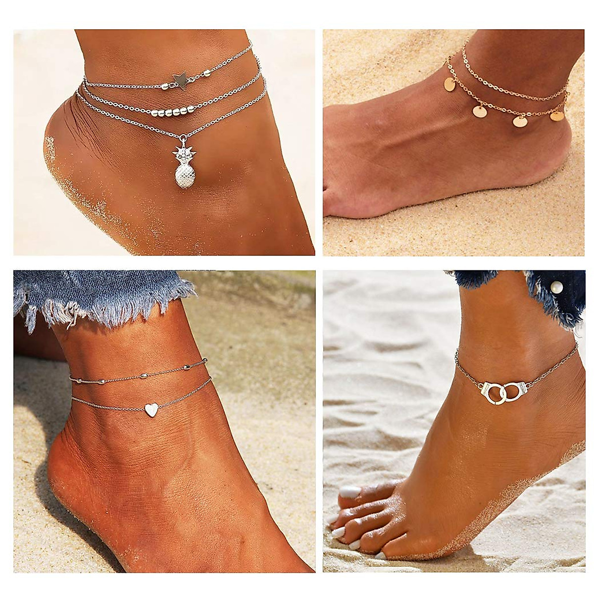 FUNEIA 12/16/30Pcs Ankle Bracelets for Women Gold Silver Rose Gold Charm Anklets Set for Teens Boho Layered Beach Adjustable Foot Chain Summer Beach Jewelry