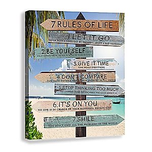 Hmlc Inspirational Wall Art, 7 Rules of Life Quotes Canvas Motivational Wall Decor Framed Positive Prints Picture Poster for Office Bedroom Bathroom Wall Sign Decoration (Beach Aqua