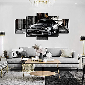 Black and White Nissan Skyline GTR R34 canvas wall art Car Art - 5 Pieces Canvas Wall Art, GTR Canvas Wall Art, supercar picture,boys bedroom decor,living room decor office decor,man cave decor