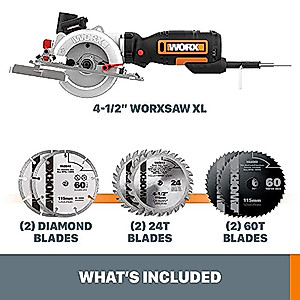WORX WX427L 6A 4-1/2" Compact Circular Saw, Hand-Held Corded Electric Circular Saw w/Laser Cutting Guide, 6 Saw Blades, Ideal for Wood, Plastic & Metal Cutting