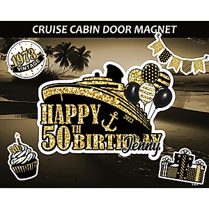 CFMONOGRAM Happy Birthday Magnets for Cruise Door - 50th Birthday Cruise Door Decorations Magnetic, Decorative Themed Stateroom signs, Fun Happy Birthday Ship Cabin sign (New Gold Glitter Effect Ship)
