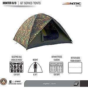 NTK Hunter GT 8 Person Tent | 10x12 Ft Outdoor Dome Woodland Camo Camping Tent | 100% Waterproof 2500mm, Easy Assembly, Durable Fabric Full Coverage Rainfly - Micro Mosquito Mesh