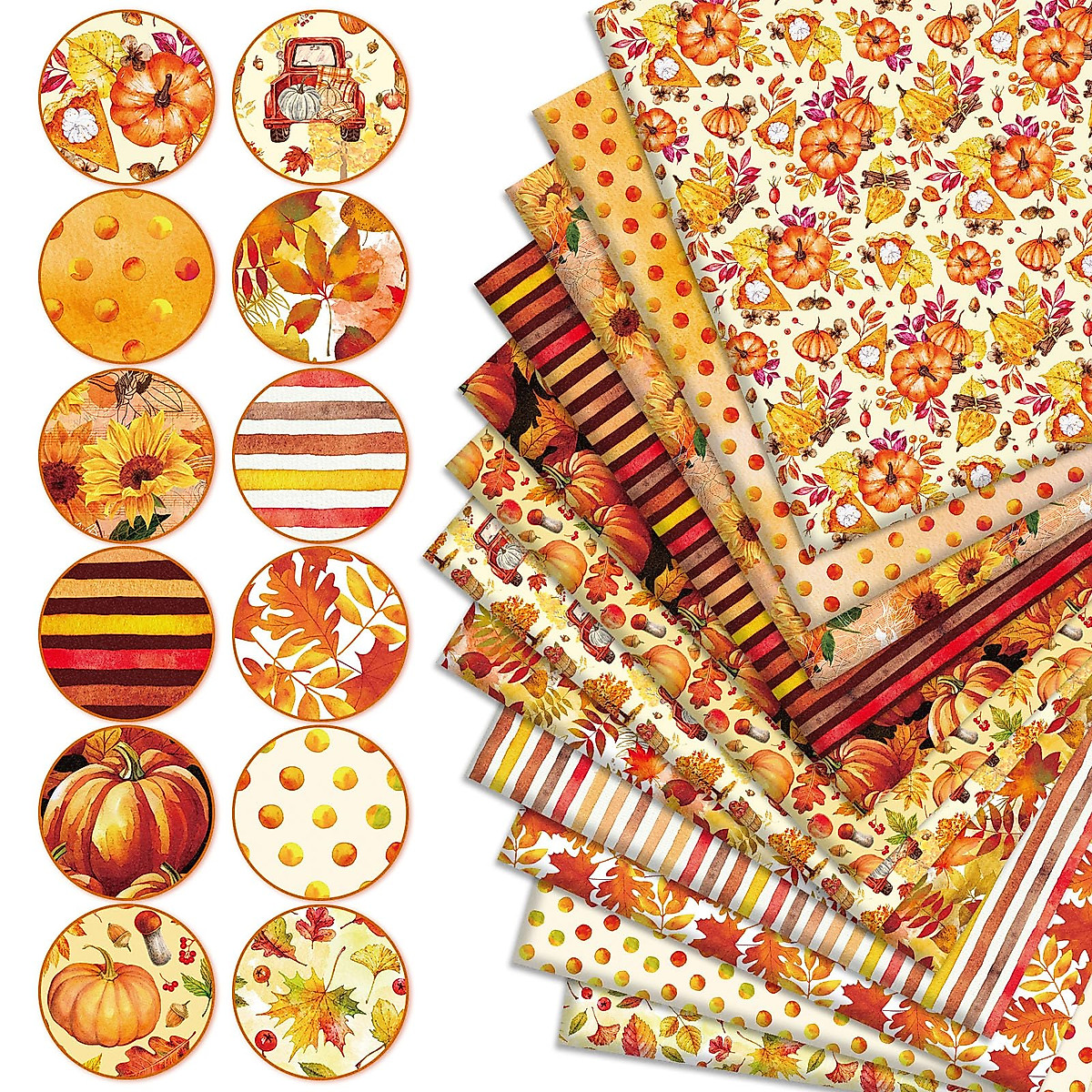 Whaline 12Pcs Fall Cotton Fabric Bundles 18 x 22 Inch Watercolor Pumpkin Maple Sunflower Fat Quarters Autumn Quilting Patchwork Squares Sewing Fabrics for Fall Thanksgiving DIY Craft Party Decor