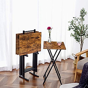 HOOBRO Folding TV Tray Tables, Set of 4 TV Trays with Storage Rack, Industrial Side Table for Eating at Couch, Foldable Snack Table for Small Space, Easy Assembly, Rustic Brown and Black BF50BZ01