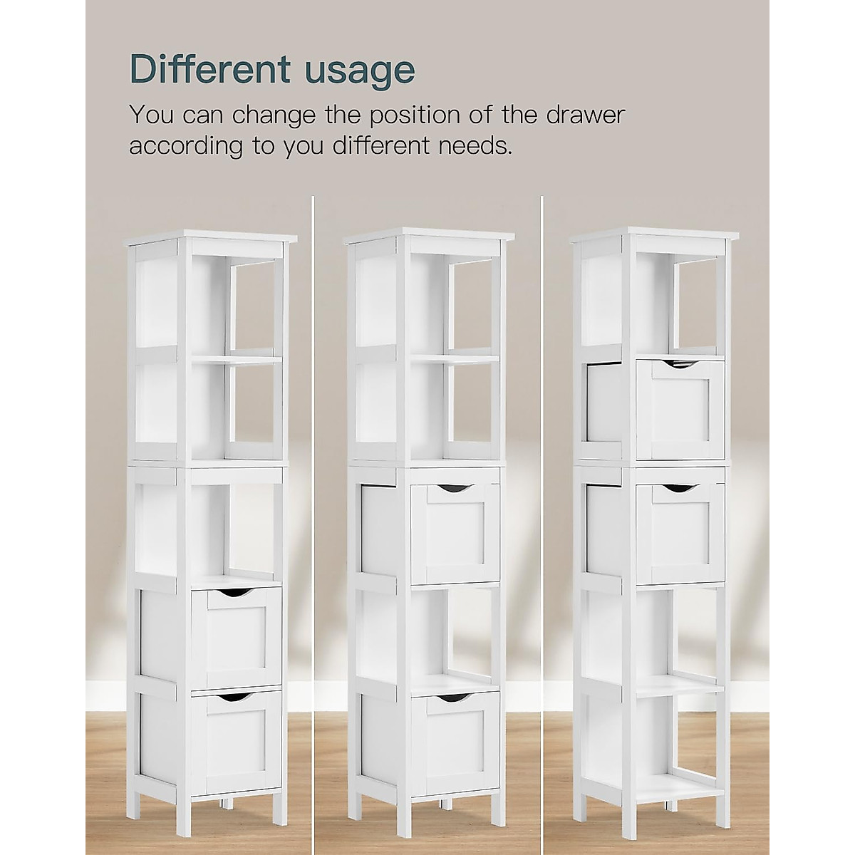 usikey 55.9" H Bathroom Storage Cabinet, Slim Tall Cabinet, Narrow Storage Cabinet with 2 Drawers & 3 Open Shelves, for Bathroom, Living Room, White
