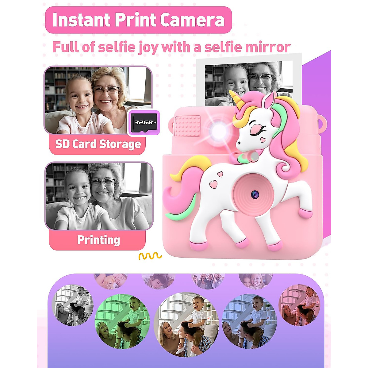 Kids Camera Instant Print with Silicone Cover, Creative Gifts for Girls Age 4-12 Birthday Christmas, 1080P Digital Camera Toy with 32GB SD Card - Pink
