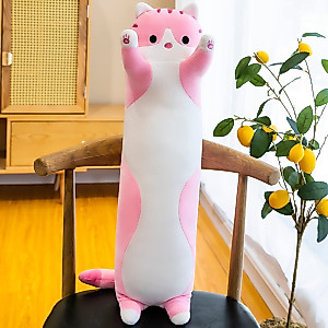 Rexinc Long Pink Cat Plush Pillow Toy Sleeping Pillow Cute Cartoon Cat Stuffed Animals Soft Long Body Pillow Gift for Kids (27.55in)