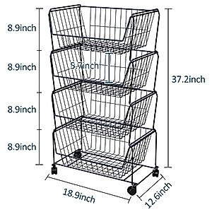PUSDON 4-Tier Stackable Metal Storage Baskets, Anti-Rust Fruit Vegetable Rack, Dual Use Shelf for Kitchen, Home & Office, Black