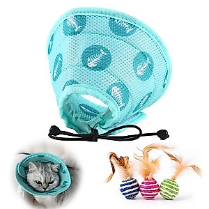 Fluffyland Cat Cone Collar Soft to Stop Licking and Scratching Adjustable Kitten Cone with Cat Toy Balls - Cat Recovery Collar for Small Large Cats After Surgery and Daily Wear (Green，S)