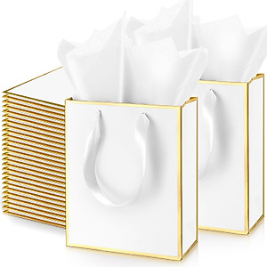 Yeaqee 50 Pack Metallic Paper Gift Bags with Handle and Tissue Paper Wedding Thank You Favor Bag for Bridal Shower Groomsmen 5 Senses Gift Bags for Her Him Birthday 9 x 7 x 3.15''(White and Gold)