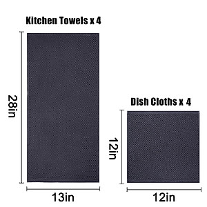 Homaxy 100% Cotton Kitchen Towels and Dishcloths Set, 12 x 12 Inches and 13 x 28 Inches, Set of 8 Bulk Kitchen Towels Set, Ultra Soft Absorbent Dish Towels for Washing Dishes, Dark Grey