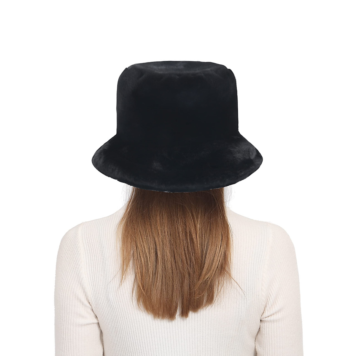 Rulala Fancy Women's Faux Fur Bucket Hats Fluffy Winter Warm Ladie's Unique Printed Fisherman Cap(Black)