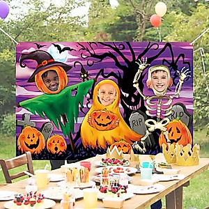Horror Night Face in Hole Backdrop 5 x 3.3 ft, Pumpkin Head Scarecrow Ghosts Skeletons Face Cutout Photo Props, Halloween Spooky Night Full Moon Bats Monster Tree Photography Background