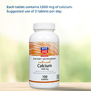 Rite Aid Calcium Supplement, 1000 mg - 100 Tablets | Supports Bone Health | Calcium Pills | Vitamin Calcium | Bone Health Supplement | Bone Supplement | Calcium Capsules | Calcium Tablets
