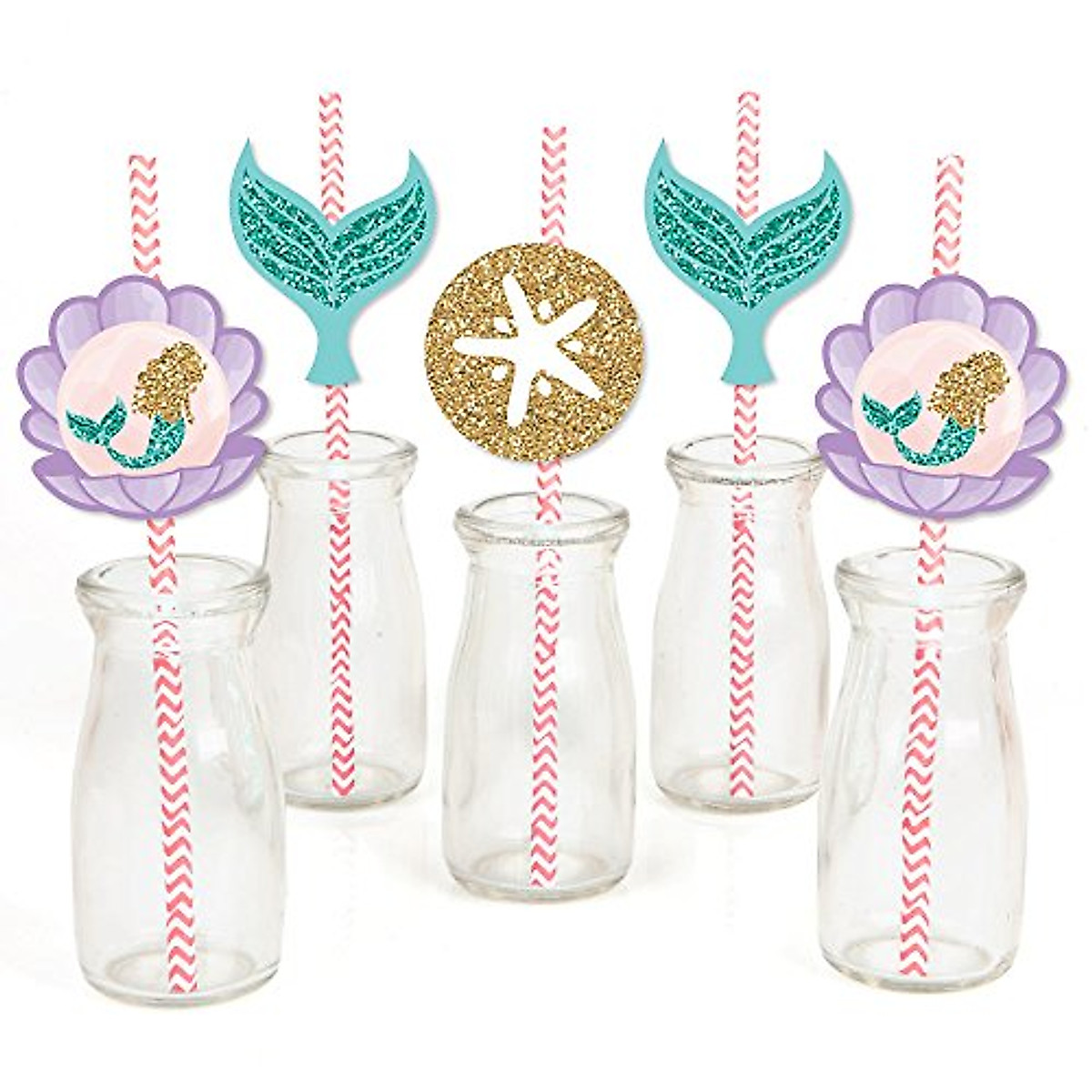 Let's Be Mermaids Paper Straw Decor - Baby Shower or Birthday Party Striped Decorative Straws - Set of 24