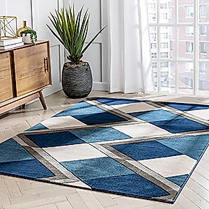 Well Woven Naya Blue Modern Geometric Diamond Boxes Pattern Area Rug 5x7 (5'3" x 7'3")
