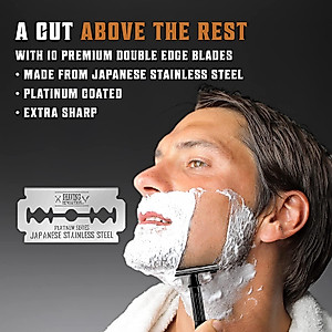 SHAVING REVOLUTION Long Handle Double Edge Safety Razor - Butterfly Open Razor 10 Japanese Stainless Steel Double Edge Blades - Close, Clean Shaving Razor Men., Black Long Handle, 12 Piece Set