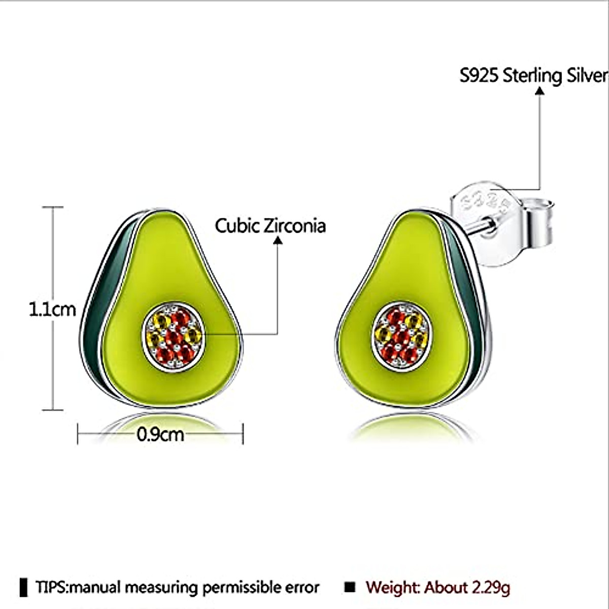 LOVE SILVER S925 Sterling Silver Cubic Zircon Green Avocado Stud Earrings Funny Fruit Earrings Aesthetic Earrings for Women Teenger LSE146