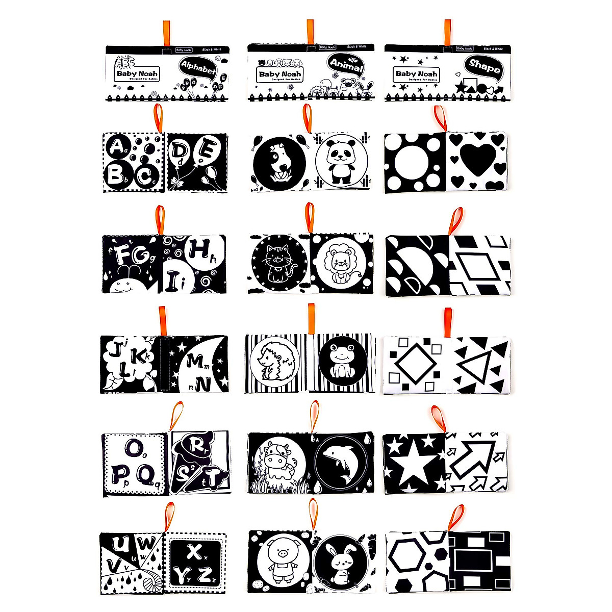 Baby First Soft Activity Cloth Book Set, High Contrast Black and White Interactive Crinkle Soft Book Bundle for Infant, Baby Early Education for Brain Development with Alphabet, Shape, Animal