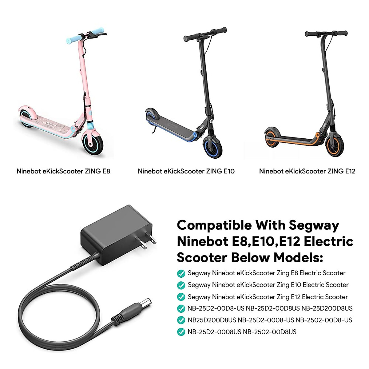HKY AC DC Adapter Compatible with Segway eKickScooter Zing E8 E10 E12 Kids Electric Kick Scooter Power Supply Cord Cable,Model NB-25D2-00D8-US NB-25D2-00D8US Power Adapter Battery Charger