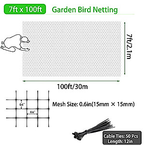 Thicken Garden Mesh Netting with 50 Pack Zip Ties, 7 x 100 FT Black Bird Netting for Garden Protect, Fruit Tree Netting Garden, Trellis Netting Plant Cover for Plant Flower Vegetable Health Growing