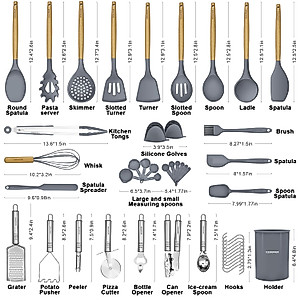 KESUPAIR Silicone Kitchen Utensils Set, 46 pcs Cooking Utensils Set-Silicone Spatula Set- Kitchen Gadgets and Tools with Holder-Wooden Handle Silicone Kitchen Utensil with Tongs,Grater (Drk Grey)