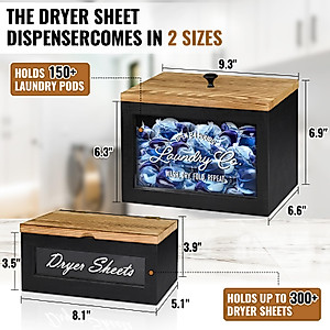 Set of 2 Dryer Sheet Holder and Laundry Pods Container for Laundry Room Organization and Storage, Wood Wall Mount Dryer Sheet Container and Dryer Ball holder with Lid for Farmhouse Laundry Room Decor