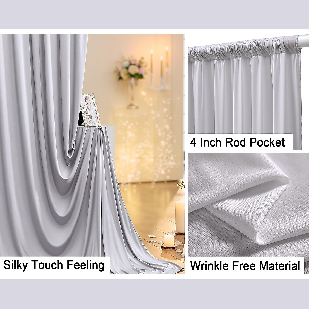 10ftx10ft Silver Wrinkle-Free Backdrop Drapes, Not See-Through Silver Polyester Background Curtains Backdrop Decorations for Party