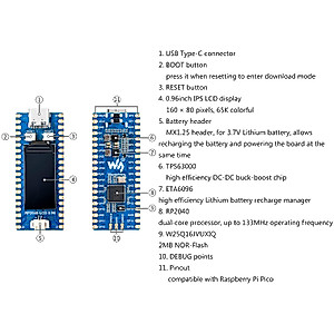 waveshare RP2040 MCU Board with Pre-Soldered Header, Onboard 0.96inch 160x80 IPS LCD Display, Pico-Like MCU Board Based on Raspberry Pi RP2040, Dual-Core Arm Cortex M0+ Processor