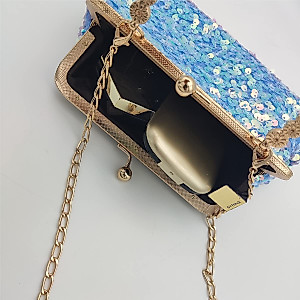 WIGUYUN Women Sequins Evening Handbag Glitter Top Handle Purse Chain Cross-body Bag Blue