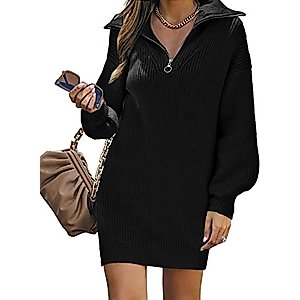 HOTOUCH Women Causal Long Sleeve V Neck Knit Sweater Dresses 1/4 Zip Pullover Sweater Dress Loose Jumper Sweaters (Black S)