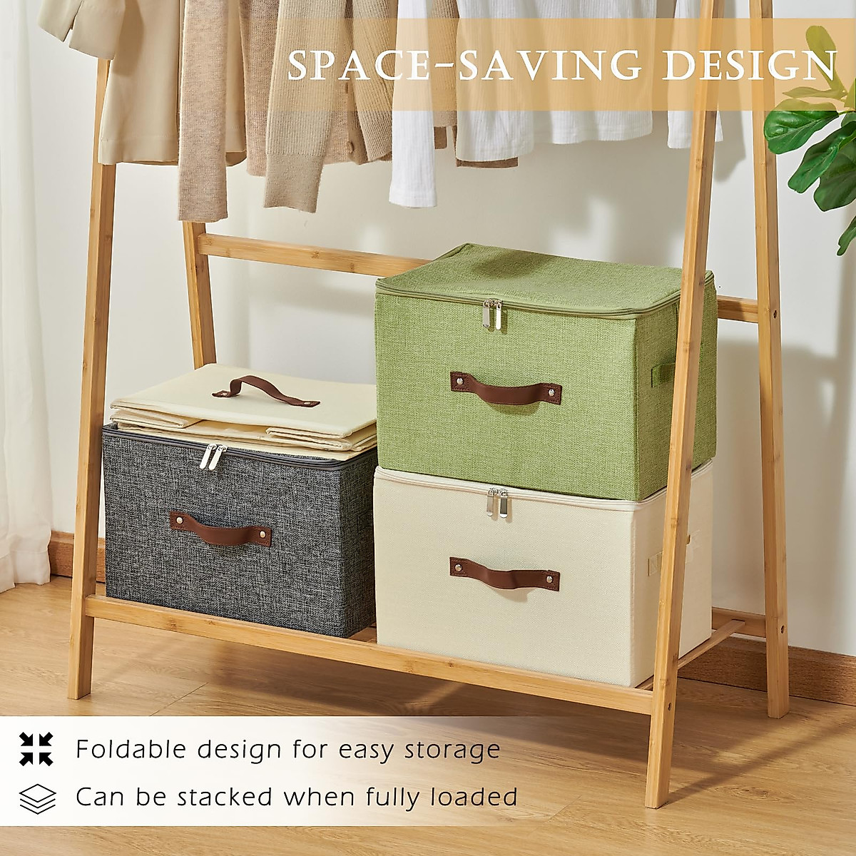 VinneGenzz Storage Bins with Zipper Lid Cotton Linen Fabric Lidded Storage Baskets Boxes Foldable Washable Closet Shelf Clothes Organizer Container with PU Leather Handles (Black, Small Size)