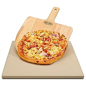 Unicook Pizza Stone and Peel, 16 x 14 Inch Baking Stone for Grill Oven, Thermal Shock Resistant Cooking Stone for Making Crisp Crust Pizza Bread, Includes Wooden Pizza Peel