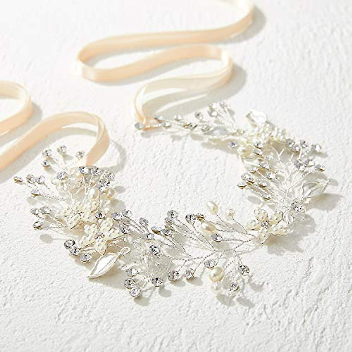 SWEETV Flower Girl Headpiece Silver Princess Wedding Headband -Baby Girls Flower Pearl Hair Accessories for Birthday Party, Photography