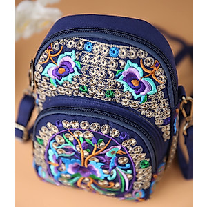 Canvas Crossbody Bag Cell phone Pouch Coin Purse for Women OR Girls Embroidery (HX15-Blue+Purple)