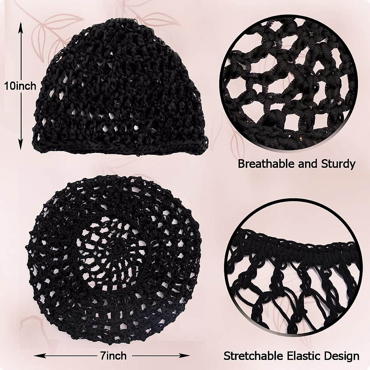 MODSIGHT Mesh Hair Net for Women Sleeping, 4 Pcs Rayon Snood Crocheted Cover Ornament for Sleeping, Black Crochet Hair Net for Women Sleep Cap (Black)
