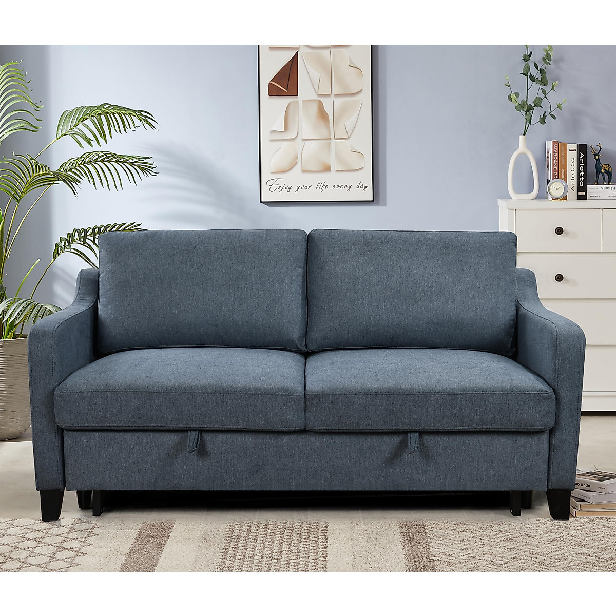 ZIGHTH 69'' Convertible Queen Size Sleeper Sofa Bed, Modern Linen Loveseat Sofa Couch with Pull Out Bed and Adjustable Backrest for Living Room. Blue