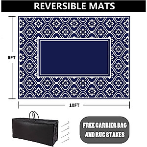 HUGEAR Outdoor Rug Mats, Large Waterproof Area Rug, Reversible Portable Plastic Straw Carpet for RV Deck Camping Front Door Indoor Outside Porch Picnic (8x10ft Lantern Navy Blue&White)
