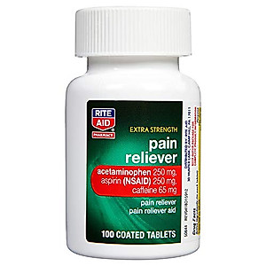 Rite Aid Extra Strength Pain Reliever, Acetaminophen 250mg, Aspirin 250mg, Caffeine 65mg – 100 Tablets | Pain Reliever / Fever Reducer | NSAID Anti-Inflammatory | Migraine Relief Products